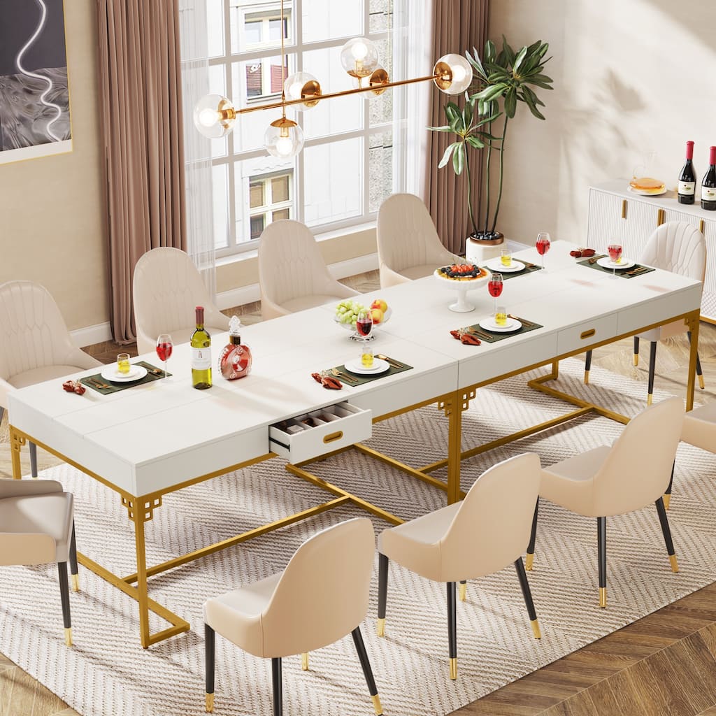63" Long Rectangular Dining Table for 4 to 6, Modern White and Gold Kitchen Table with 2 Drawers ...